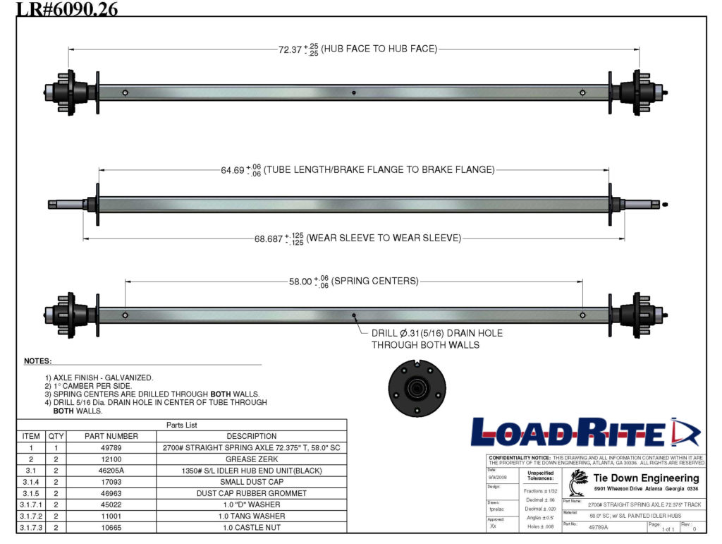 2700LB Spring Axle Assembly - 58" S.C. | Load Rite Trailers